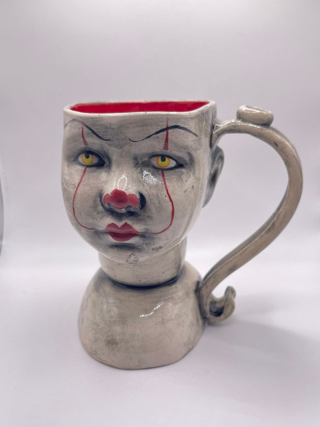 Creepy Baby Head CHEEKY Penny Wise Mug Hand Built Hand Painted Red ...