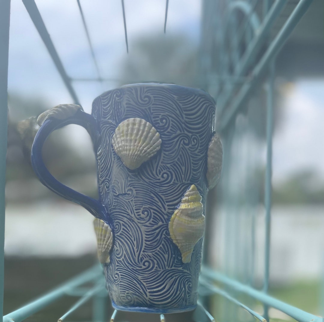 28oz Waves and Sea Shell Ceramic Stoneware USA Made Hand Built and ...