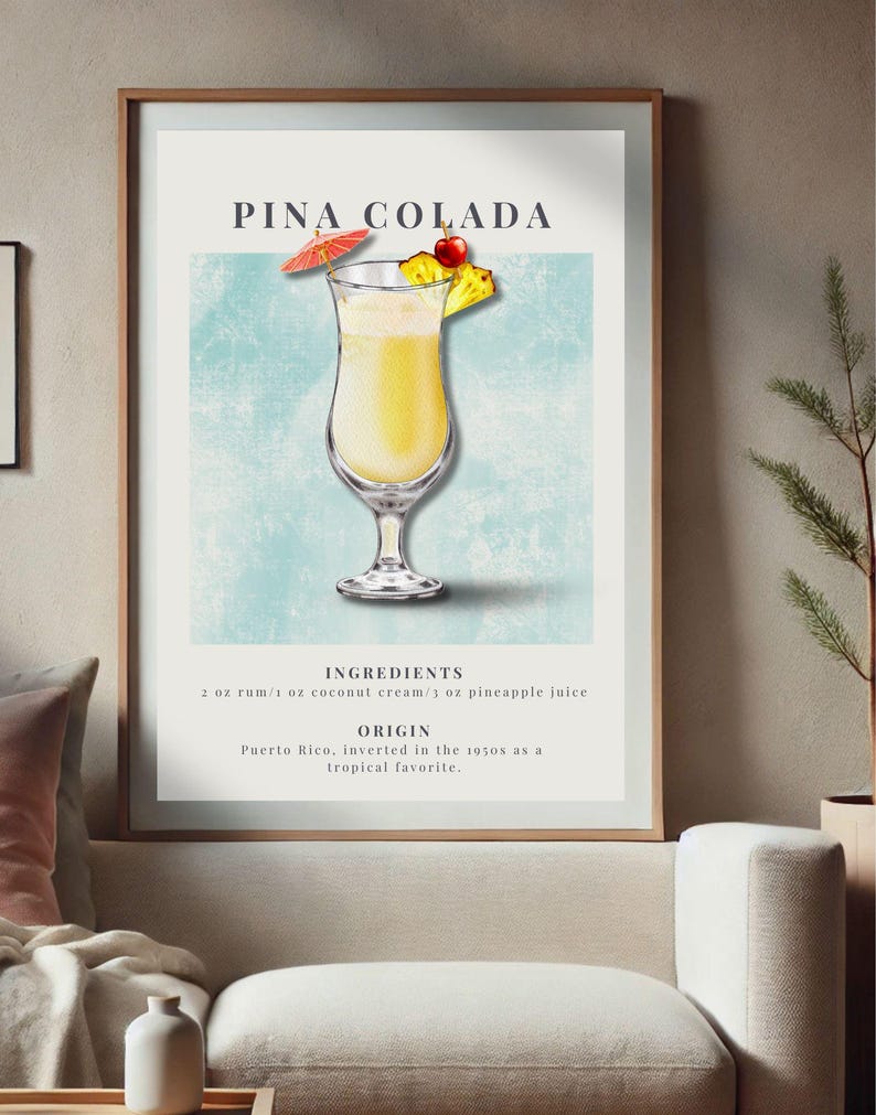 Pina Colada Cocktail Recipe Wall Art - Printable Bar Decor, Digital ...