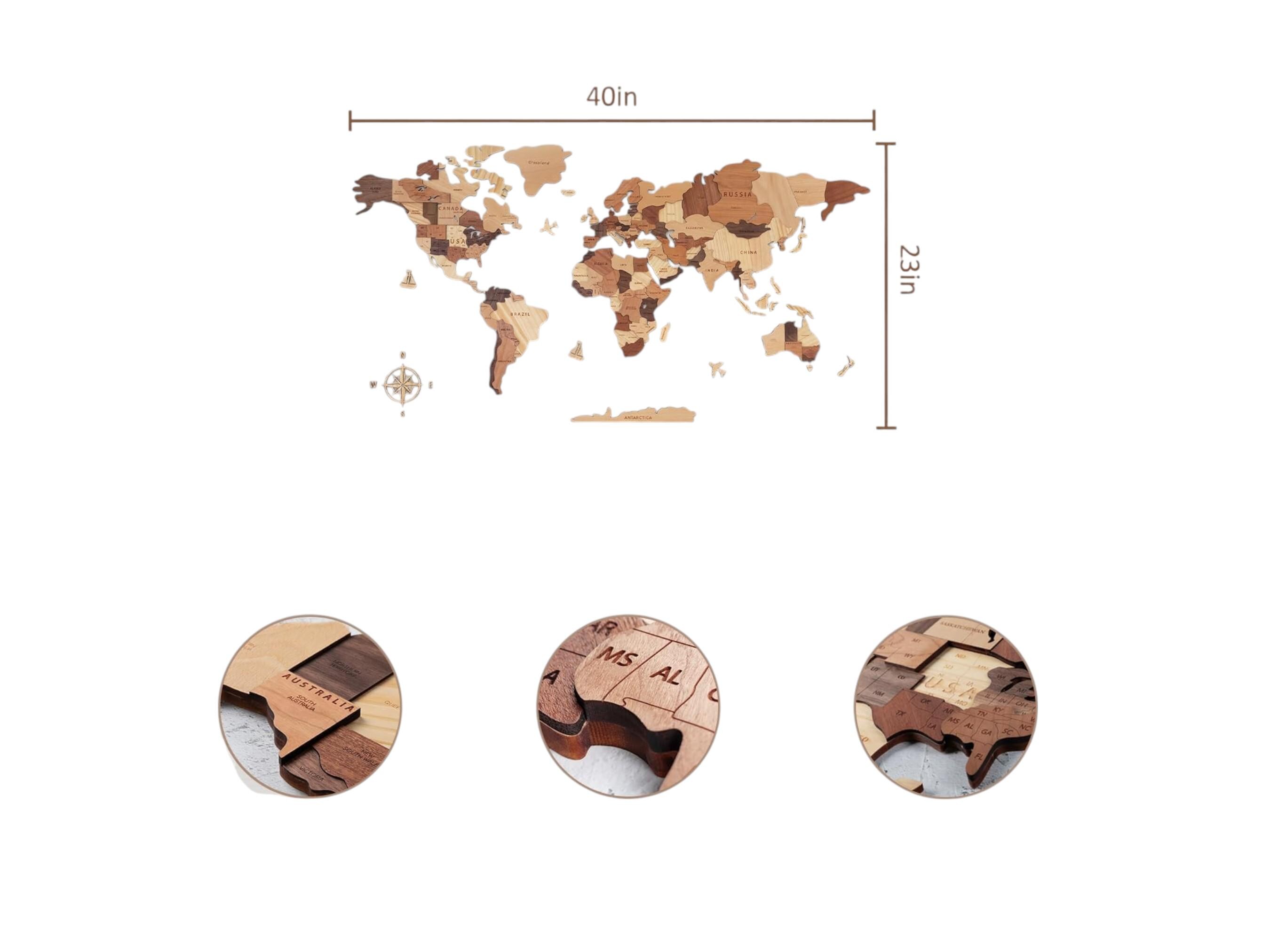 3D Wooden World Map Wall Art Multilayered Solid Wood World Map for Home ...