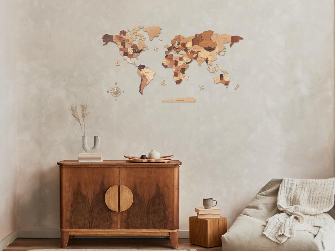 3D Wooden World Map Wall Art Multilayered Solid Wood World Map for Home ...