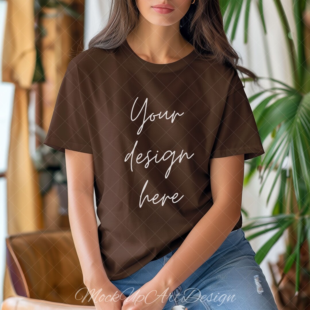 Gildan 64000 Brown T-shirt Mockup, Dark Chocolate T-shirt Mockup Gildan 64000, Gildan Soft Style ...