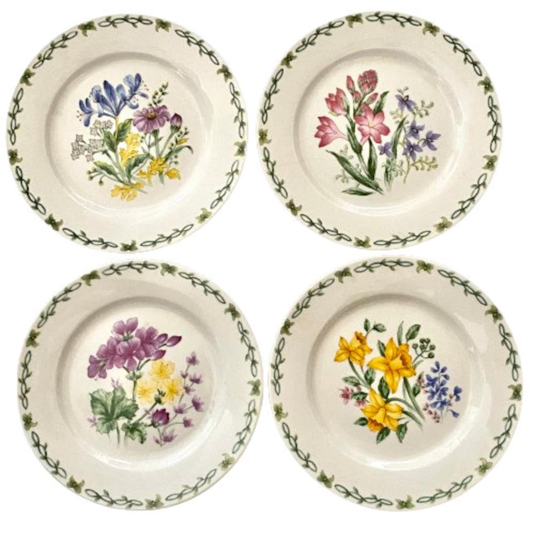 4 Side Appetizer PLATES / THOMSON POTTERY Floral Garden / White Green ...