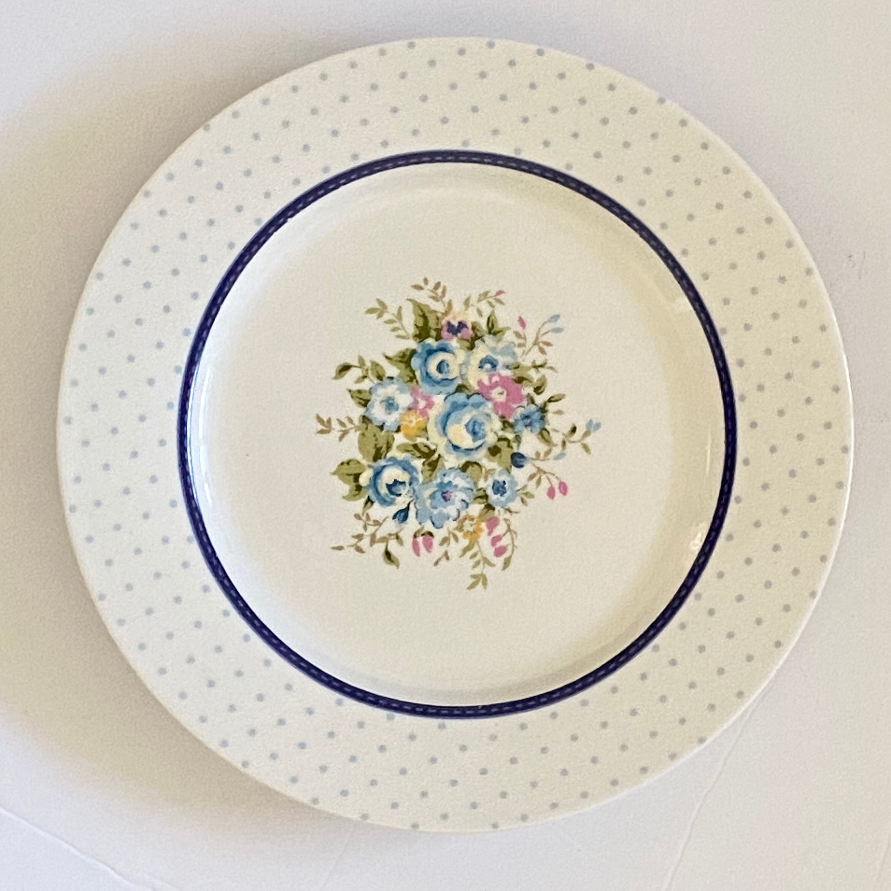 4 Dinner Plates / POLKA DOTS and FLOWERS / Red Gray Pink Blue Cream ...