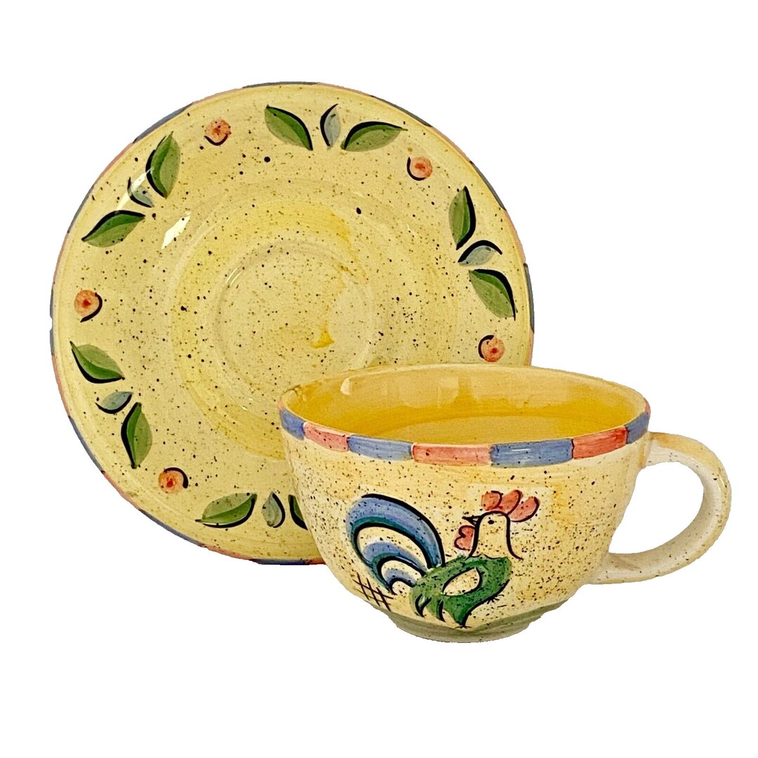 Set: 2 Oversized Cups and 2 Saucers / BELLA Rooster / Yellow Peach Blue ...