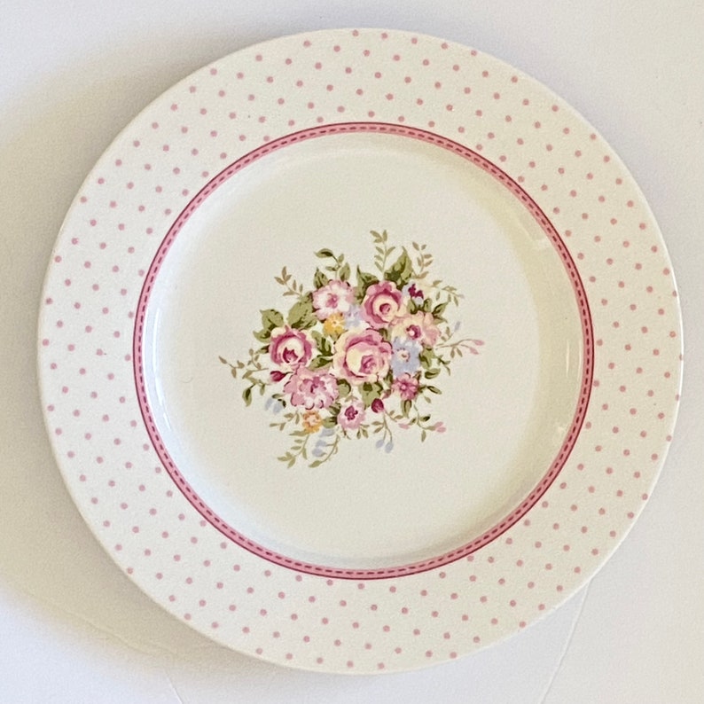 4 Dinner Plates / POLKA DOTS and FLOWERS / Red Gray Pink Blue Cream ...