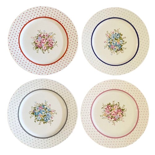 4 Dinner Plates / POLKA DOTS and FLOWERS / Red Gray Pink Blue Cream ...
