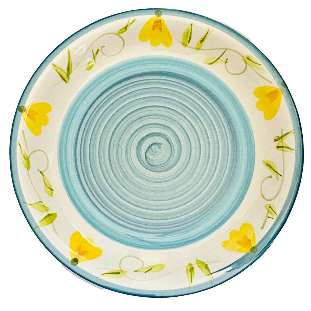 4 Dinner PLATES / GIBSON Everyday / Blue White Yellow Green / Flowers ...
