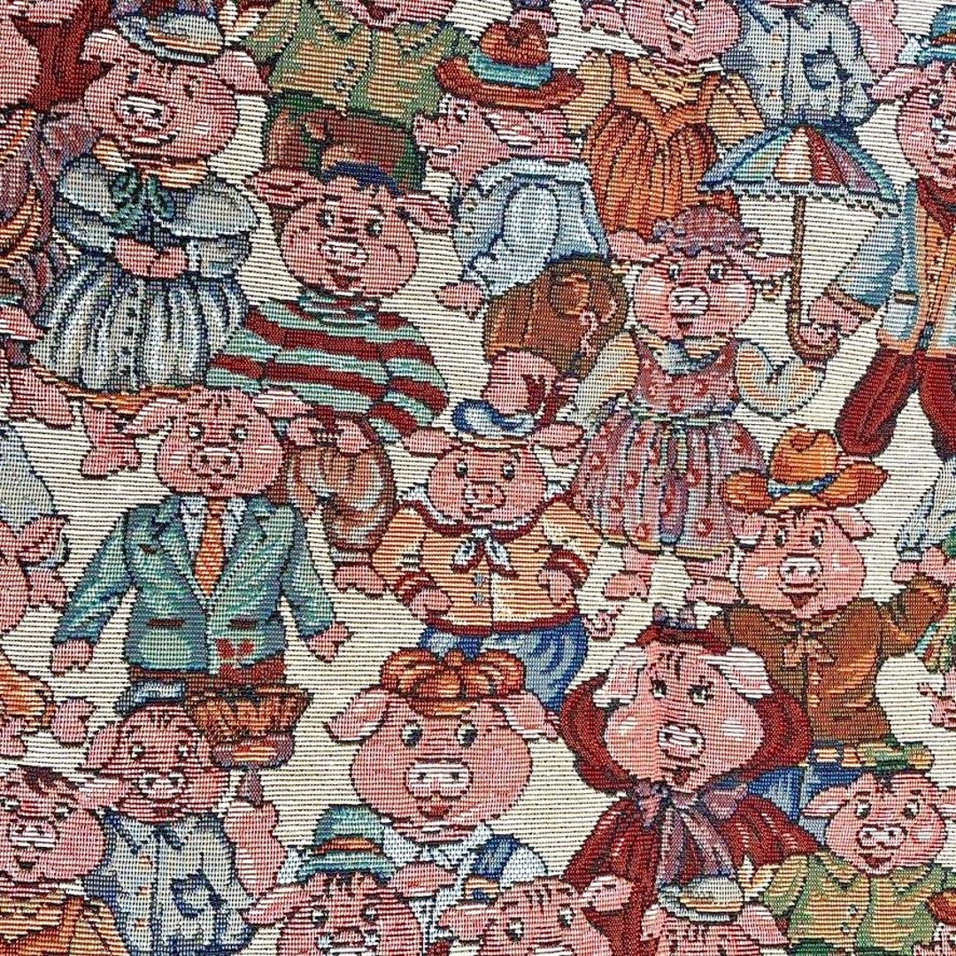 Vintage Tapestry Upholstery Fabric Remnant PIGS Cartoon Granny 54 W X ...