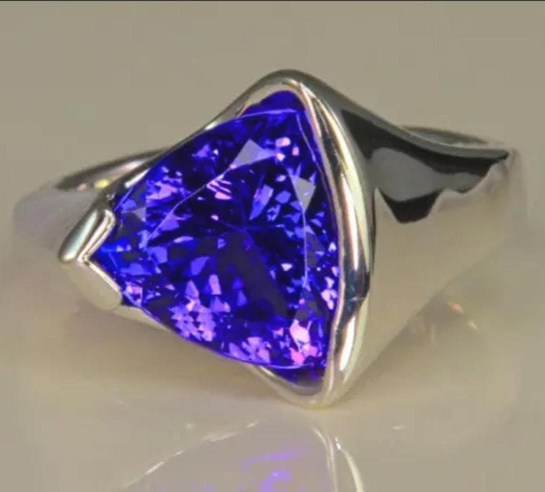 925 Sterling Silver Natural Lab Created Trillion Cut Tanzanite Gemstone Handmade Ring, Beautiful ...