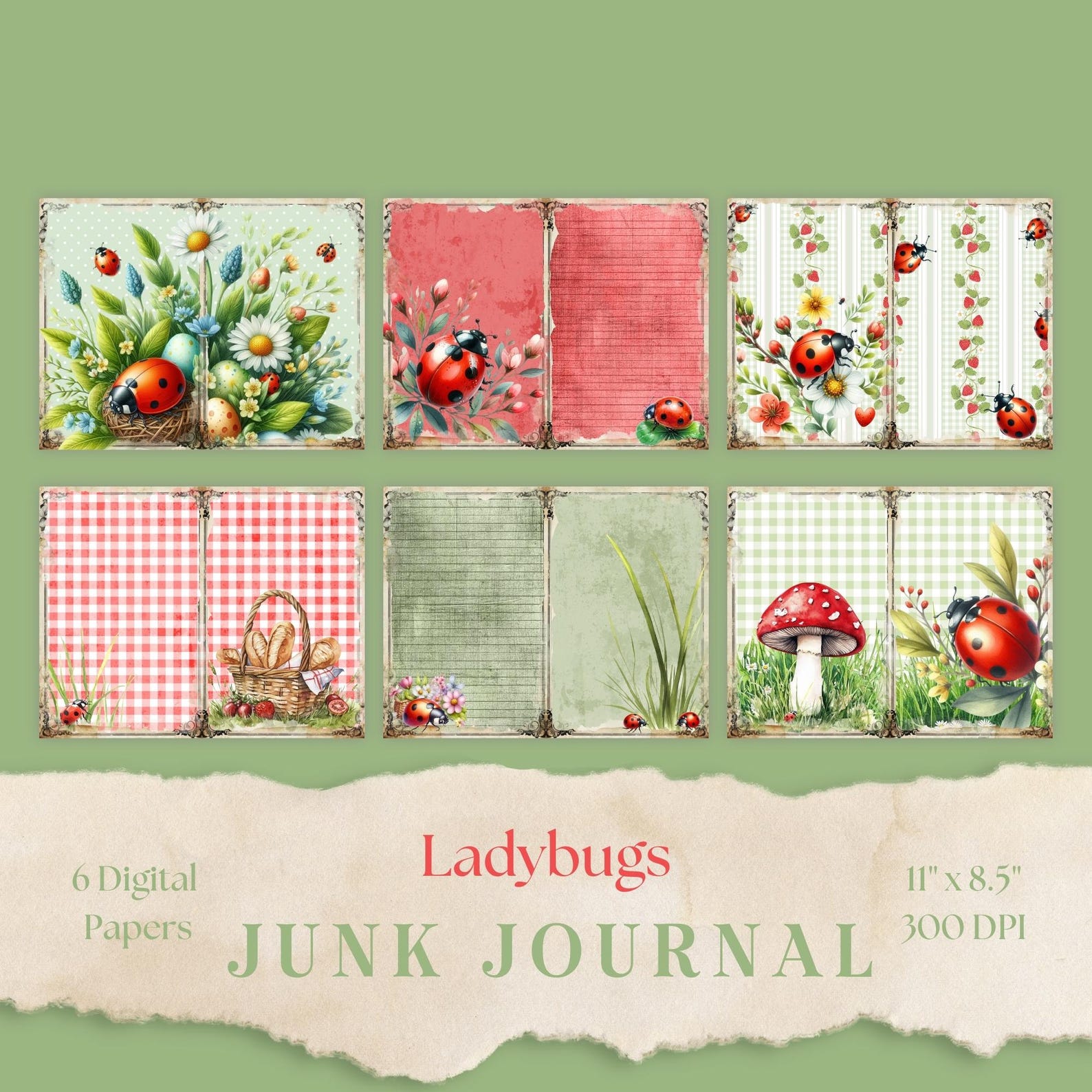Ladybug Junk Journal Pages: Spring Ephemera, Watercolor Collage ...
