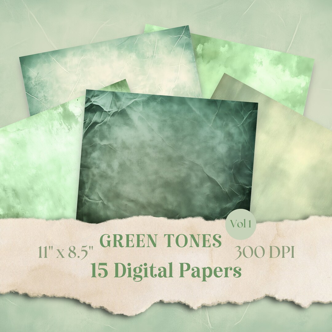 Green Tones Printable Paper, Textured Watercolour Junk Journal Pages ...