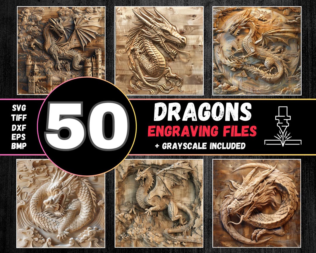 Dragon 3D Illusion Laser Engraving Bundle, Dragons CNC Files, Grayscale ...