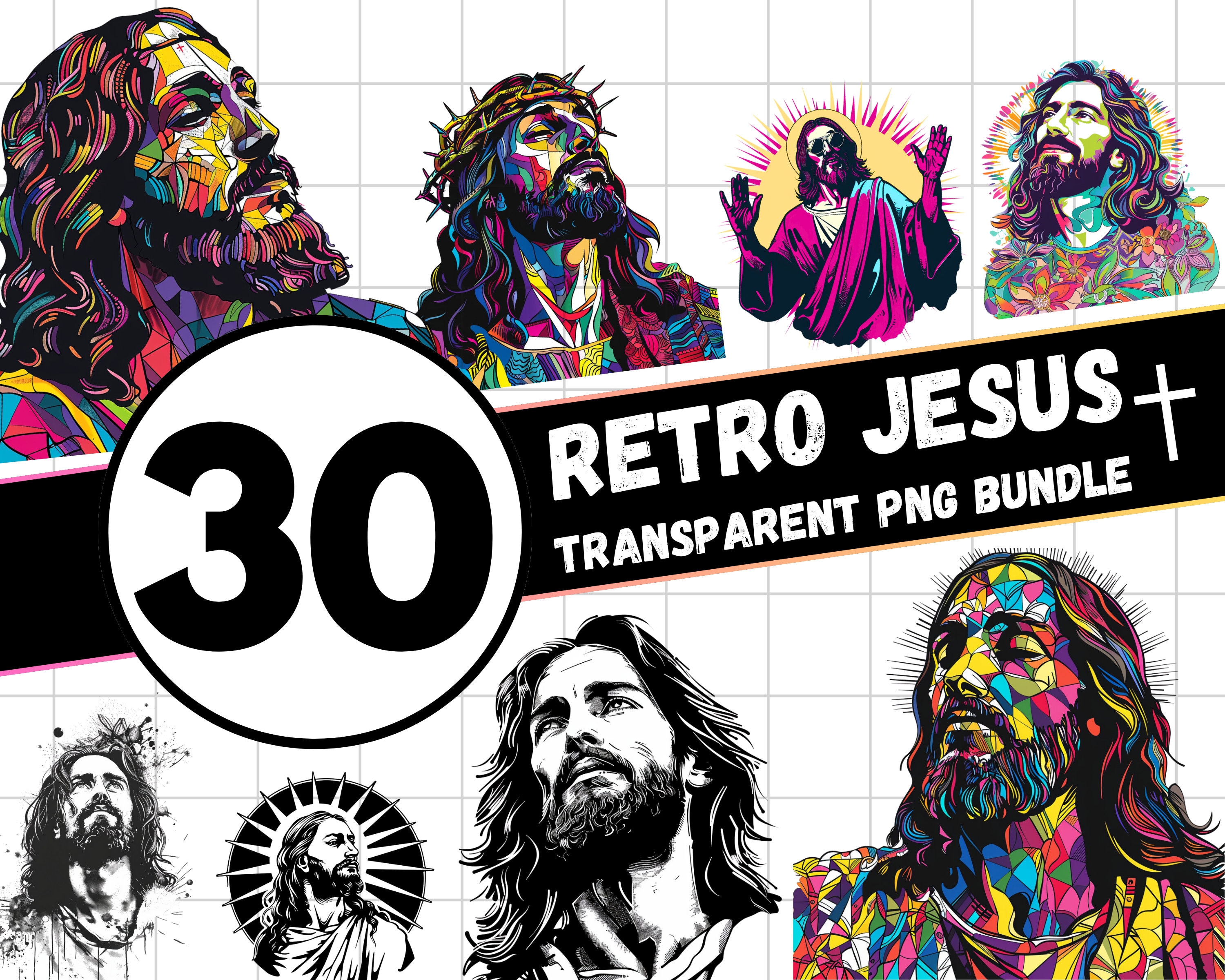 Retro Jesus Design Digital Transparent Background PNG, Religious PNG ...
