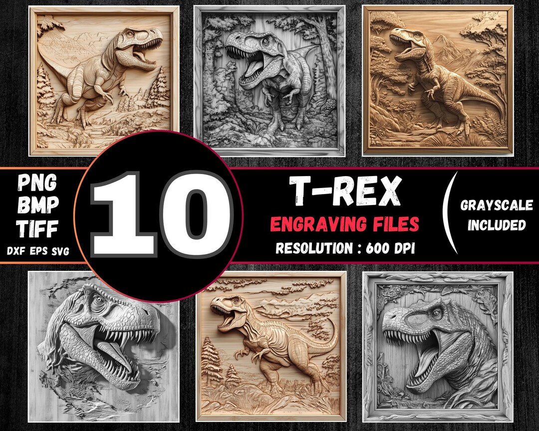 Tyrannosaurus Rex 3D Illusion Laser Engraving Bundle, Grayscale T-rex ...