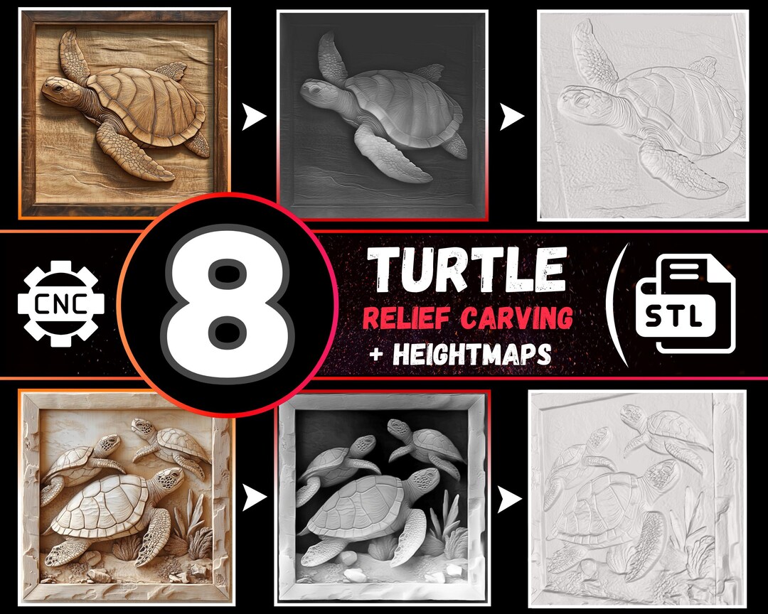 Turtles 3D STL Relief Carving Bundle, Turtle CNC Files, Animal Laser Depth Engraving, Ocean ...