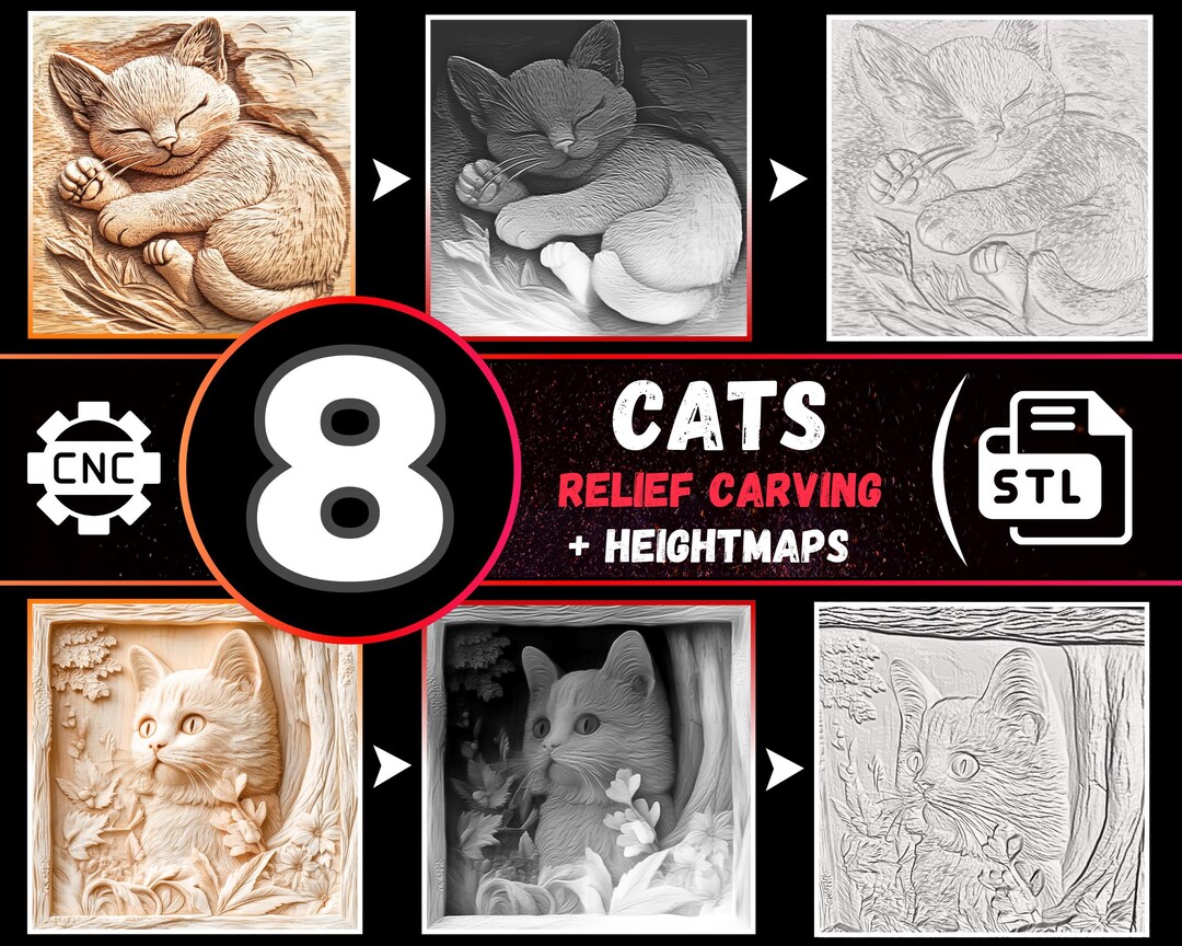 Cat 3D STL CNC Bundle, Kitten Relief Carving Files, Animal Pet 3D Stl ...