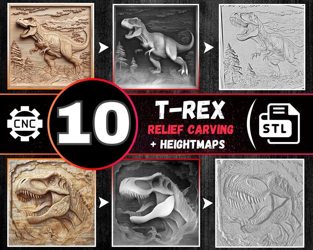T-rex 3D Relief Carving Bundle: CNC Laser Engraving Files (STL) - Etsy