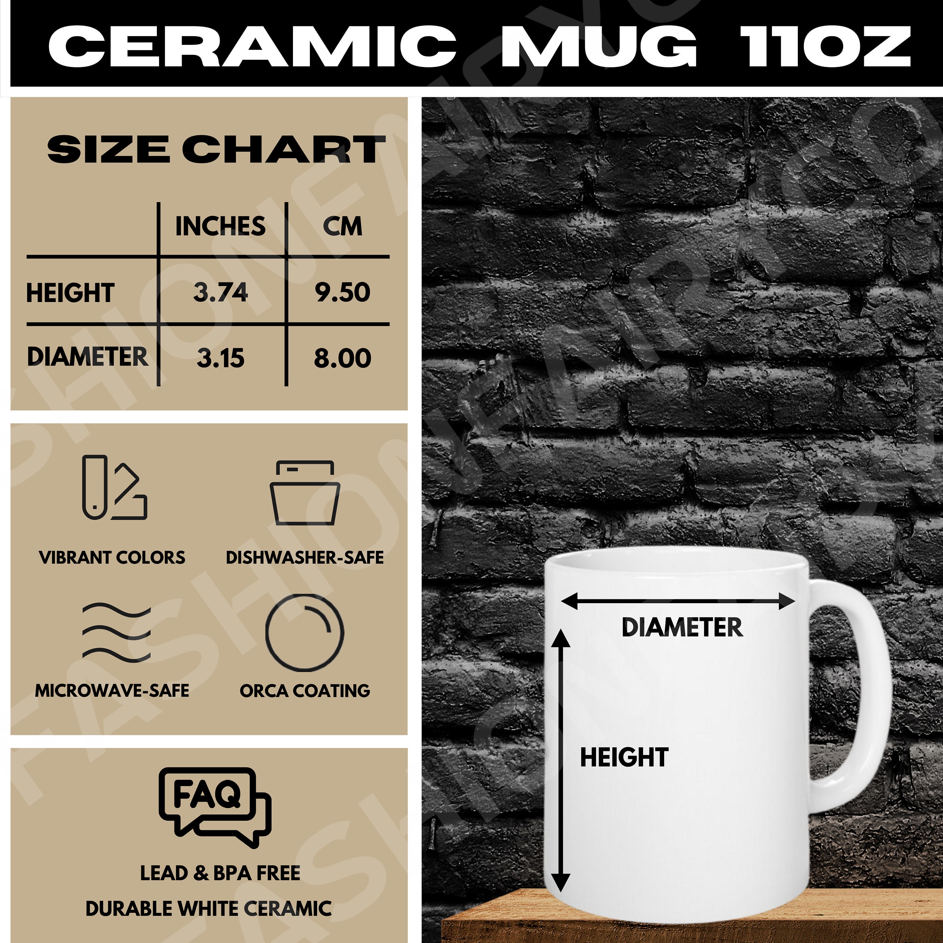 11oz Mug Size Chart: White Ceramic Mug Mockup (digital Download) - Etsy