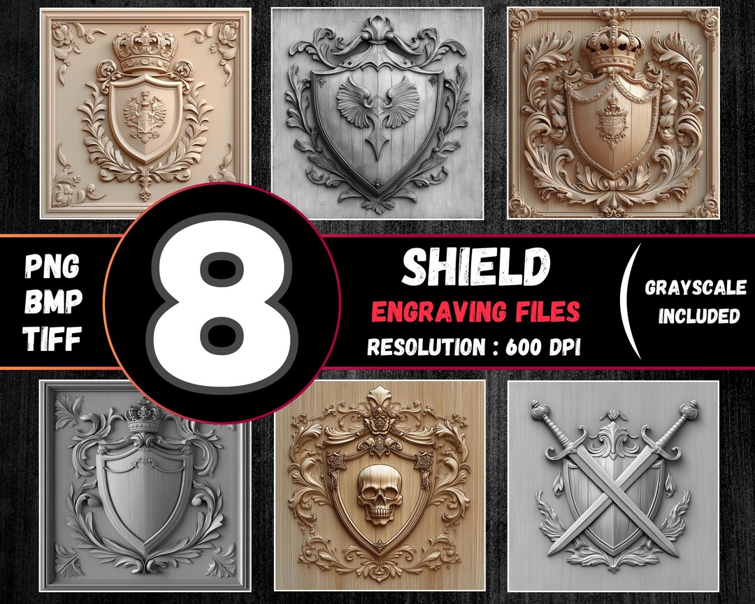 3D Illusion Shield Laser Engraving Bundle: Grayscale Medieval Designs ...