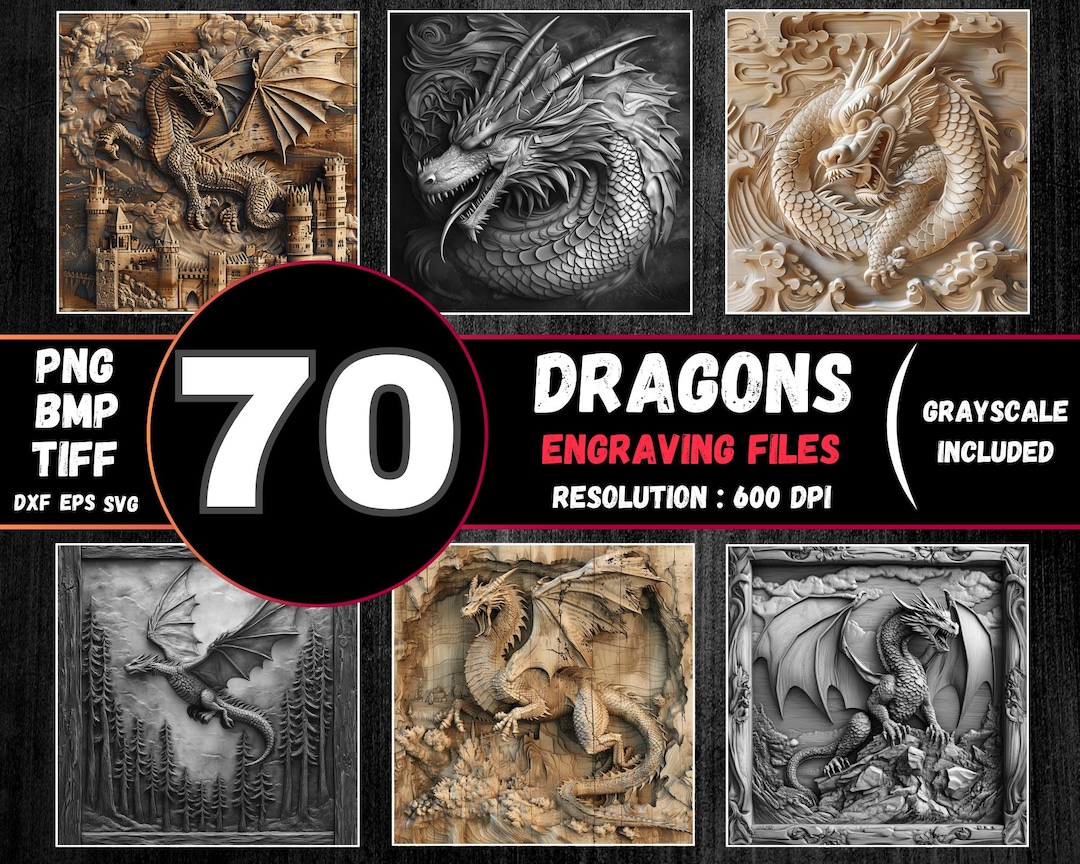 Dragon 3D Illusion Laser Engraving Bundle, Dragons Files, Grayscale ...