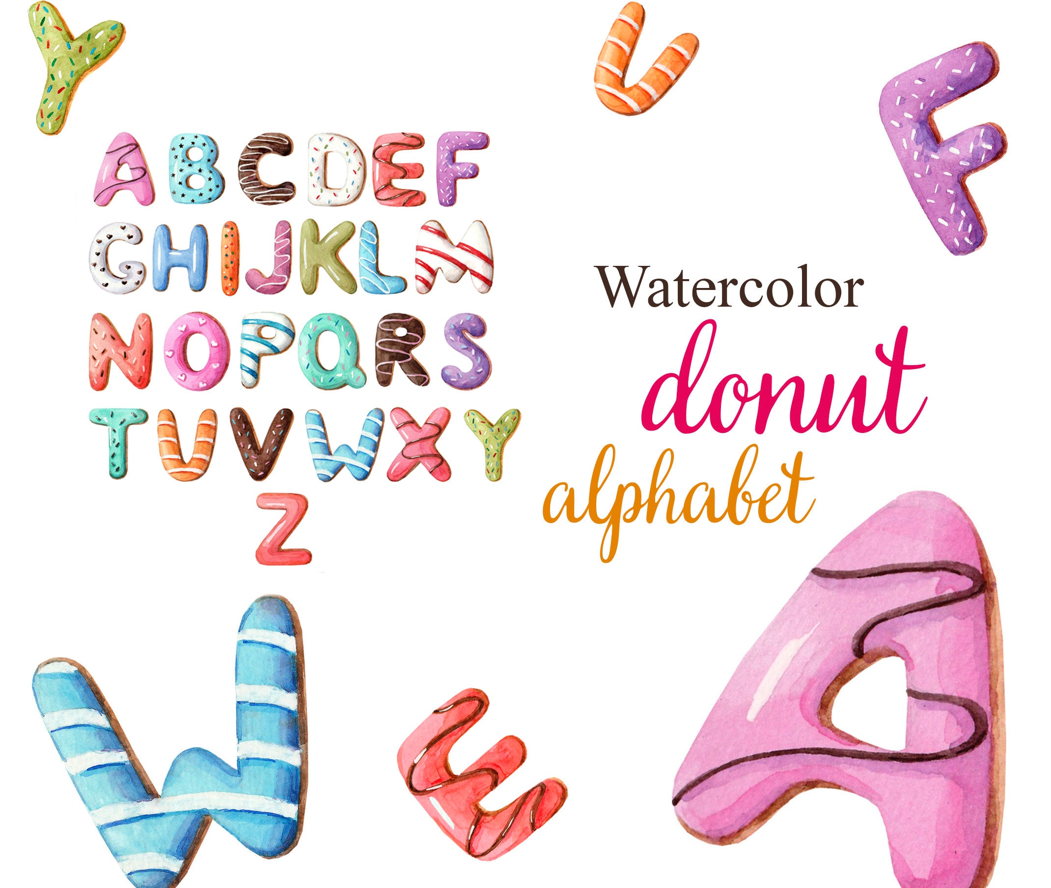 Watercolor Donut Alphabet Clipart.hand Drawn Font. - Etsy UK