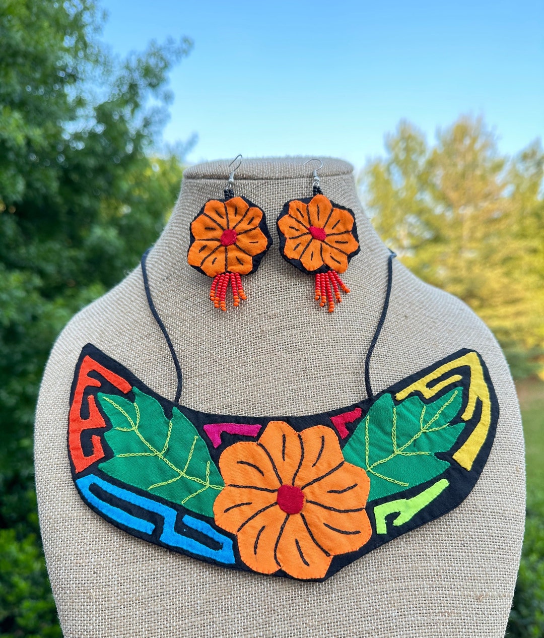 Handmade Kuna Mola Necklace and Earring Set Mola Panamena - Etsy