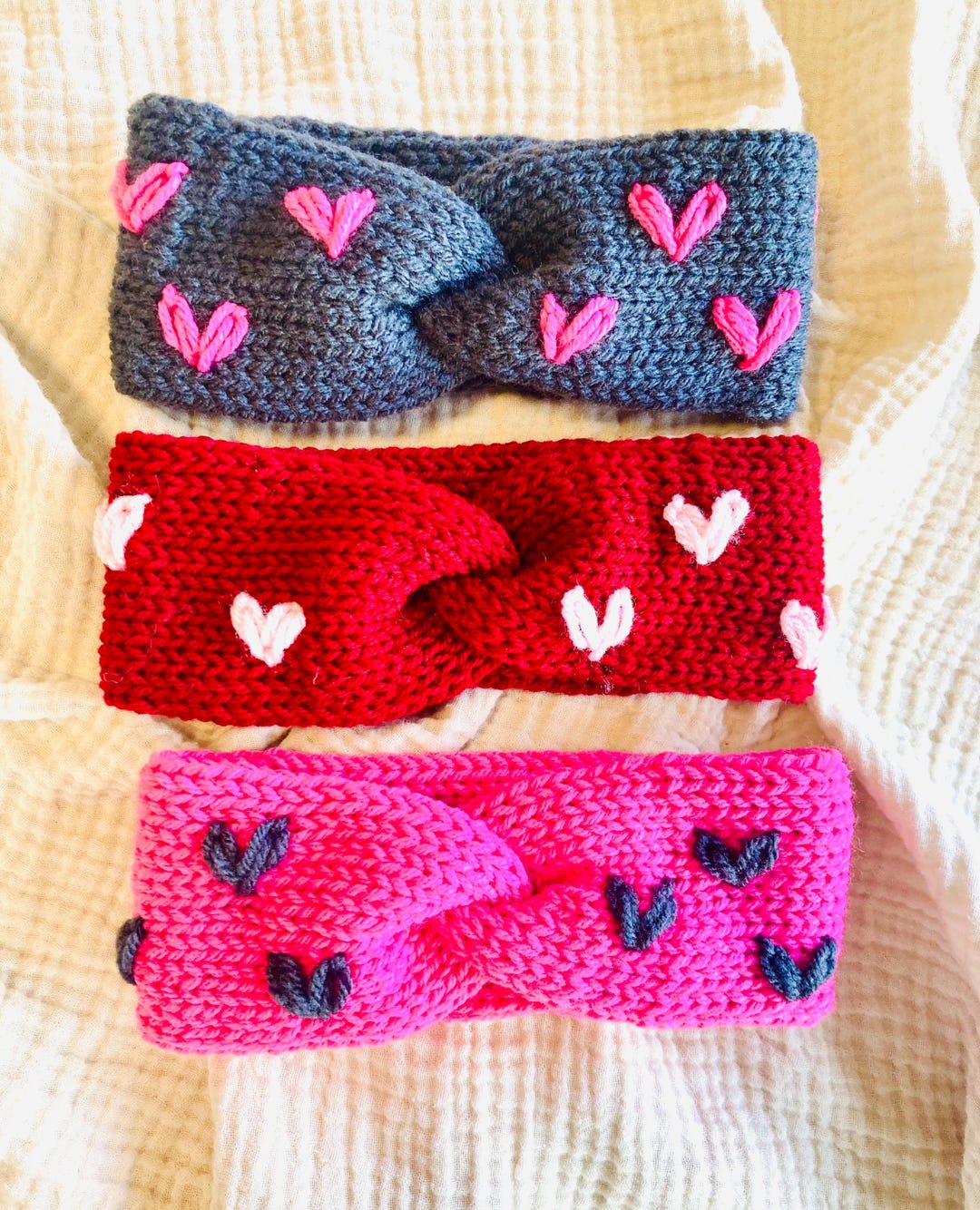 Knit Headband With Hearts, Valentine Hairband, Heart Hair Accessories ...
