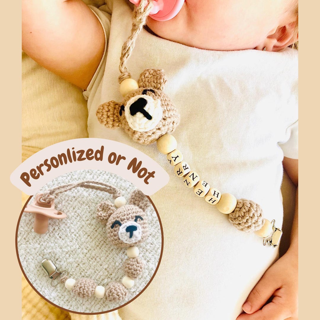Personalized Bear Pacifier Clip: Hand-embroidered Baby Soother Holder ...