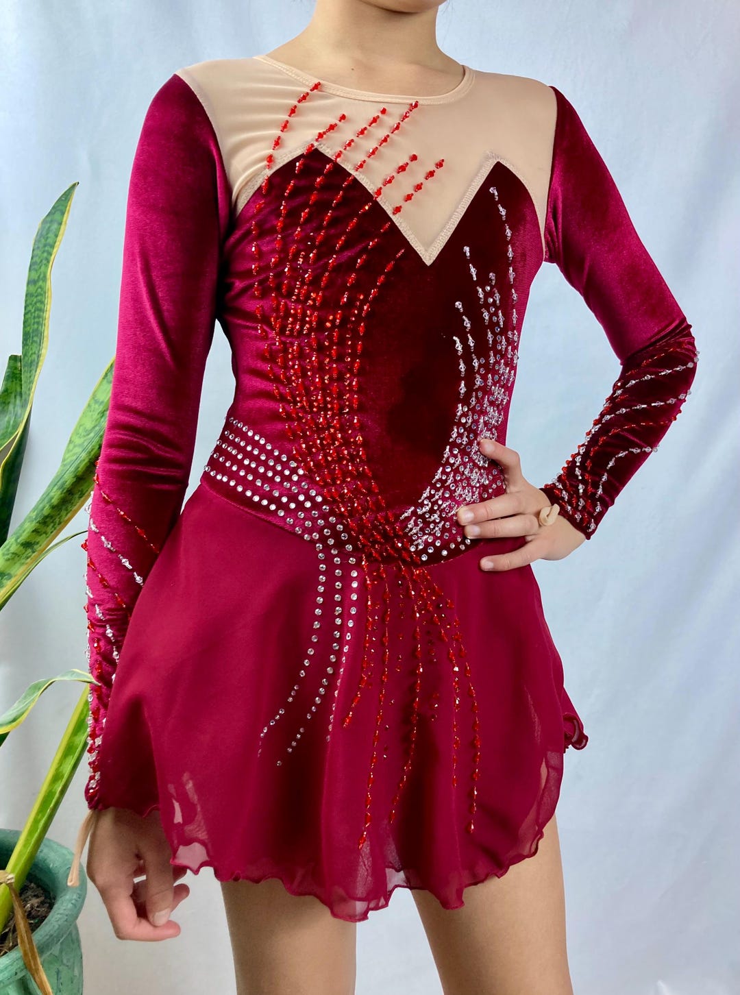 Red Velvet Figure Skating Dress | Rhinestone Beaded Competition Costume ...