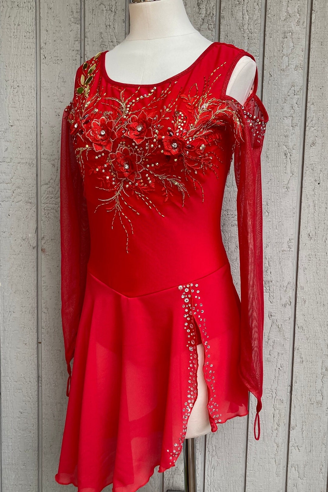 Red Figure Skating Dress: 3D Flower Appliques, Open Shoulder, Adult ...