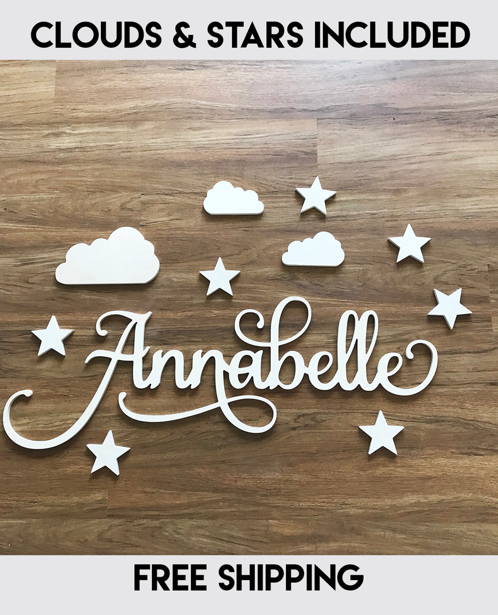 Wooden Name Sign - W Clouds & Stars Nursery Wall Art Decor for Baby ...