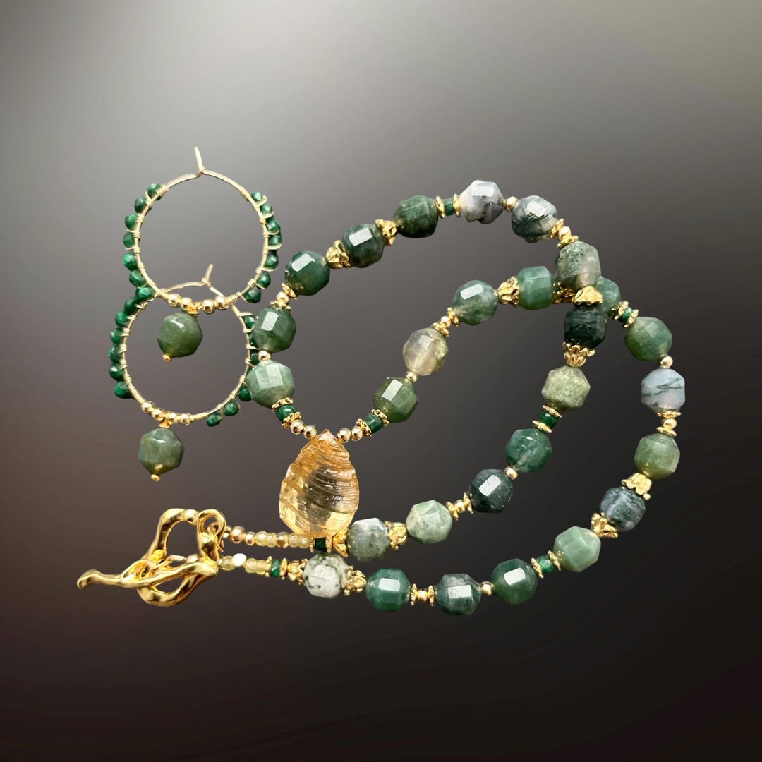 Moss Agate Necklace and Earring Set Gold, Citrine Pendant, Bridal ...