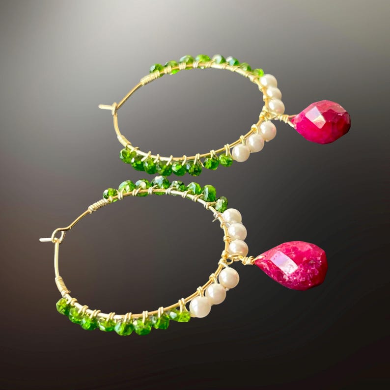 Red Ruby Earrings Drop, Green Tourmaline Earrings Gold, Handmade Boho ...