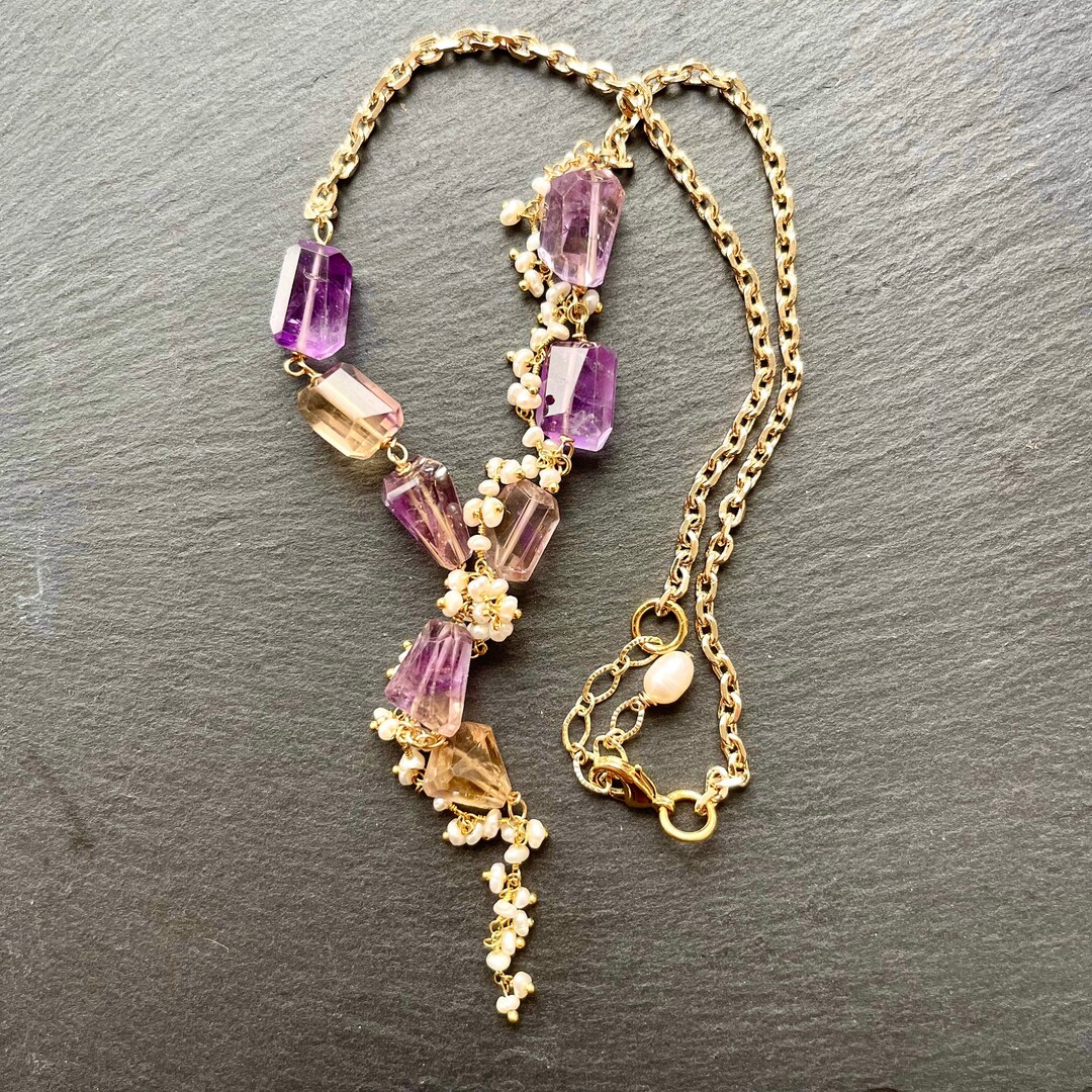 Pearl Gemstone Necklace for Women, Amethyst Y Necklace Gold, Chunky ...
