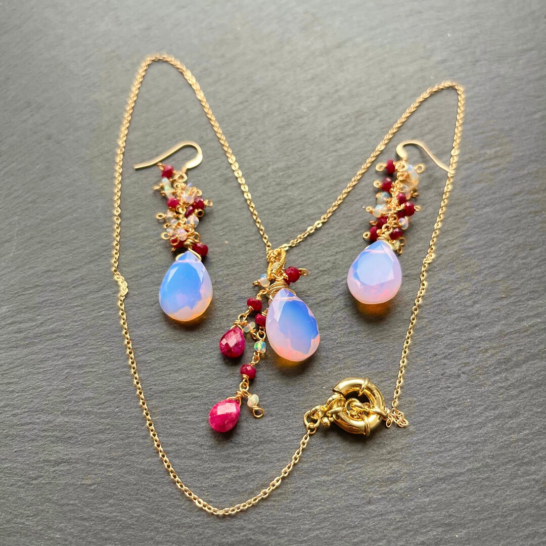 Opal Necklace and Earring Set, Dainty Gemstone Jewelry Set for Women ...