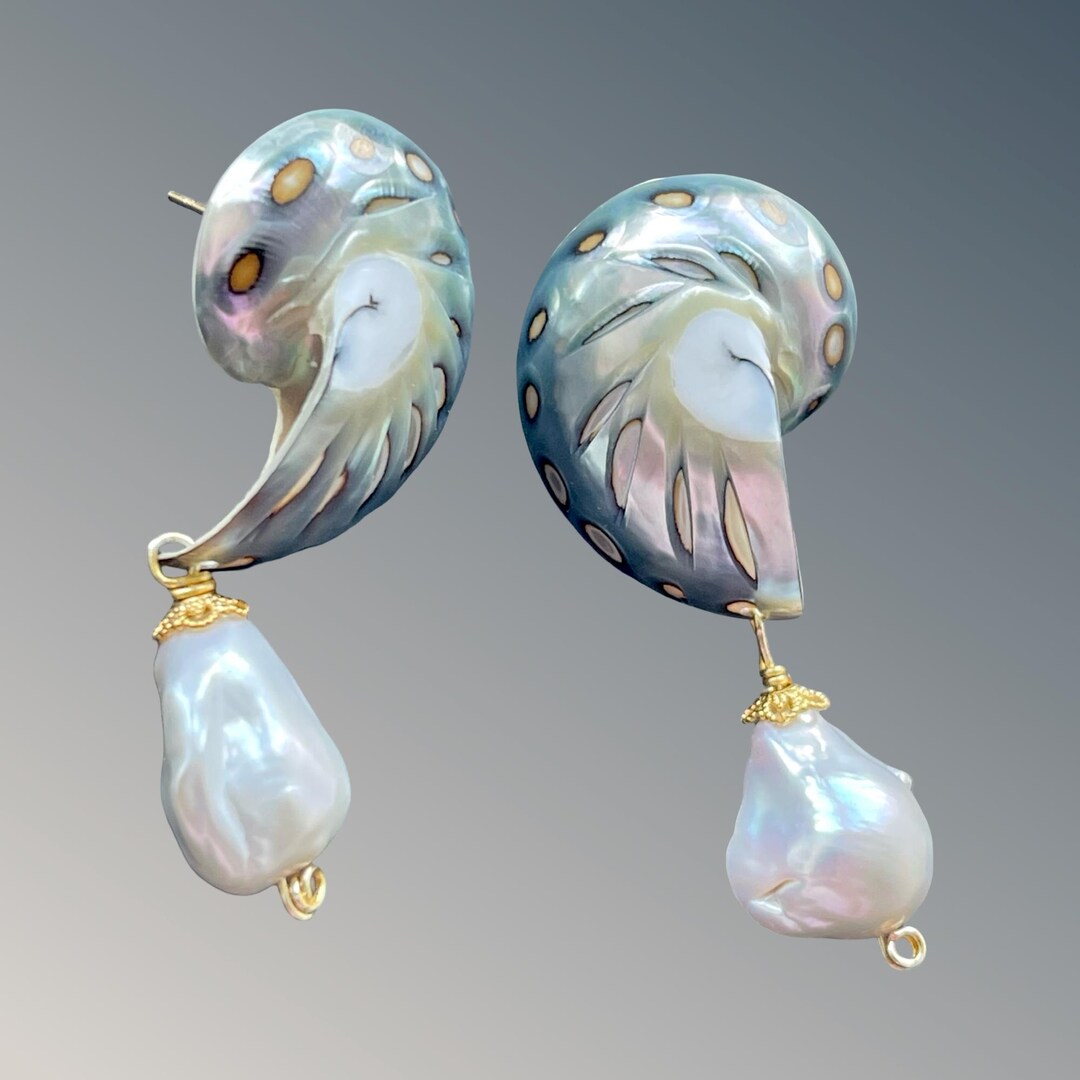 Jaguar Nautilus Shell Earrings, Gold Seashell, Large Baroque Pearl Drop ...