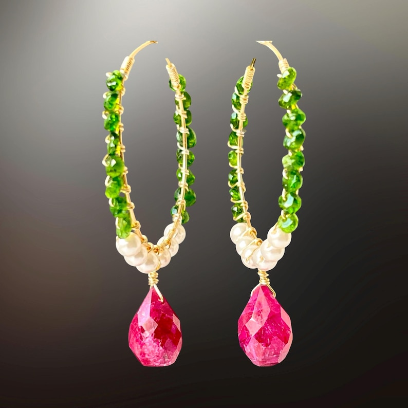 Red Ruby Earrings Drop, Green Tourmaline Earrings Gold, Handmade Boho ...