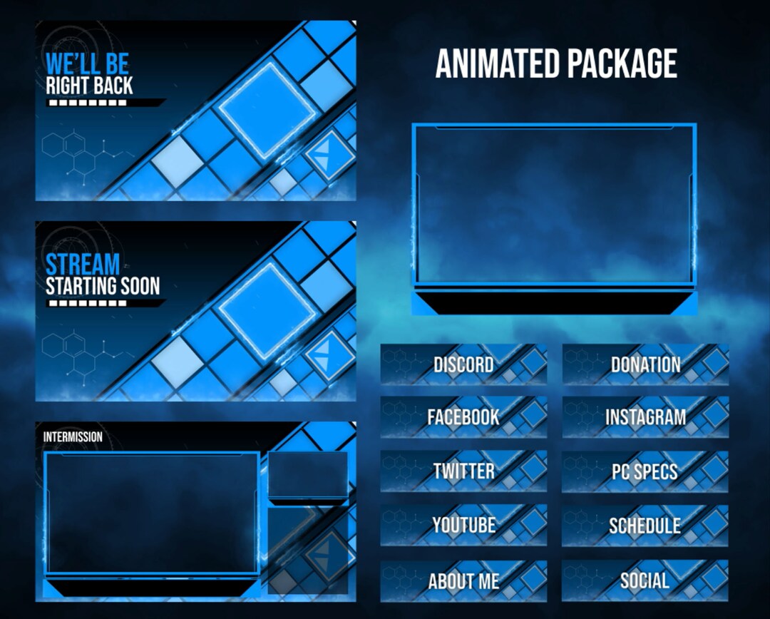 Twitch Overlays Animated Package, Ready to Use blue Block Theme Simple ...