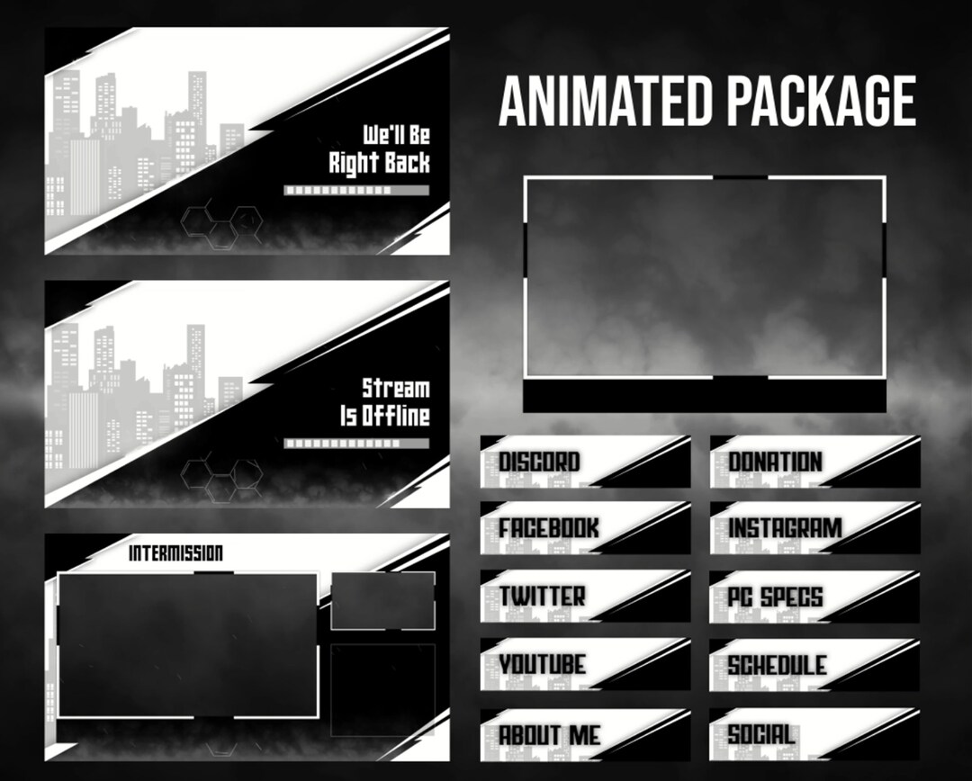 Twitch Overlays Animated Package, Ready to Use BW Line Smoke Simple ...