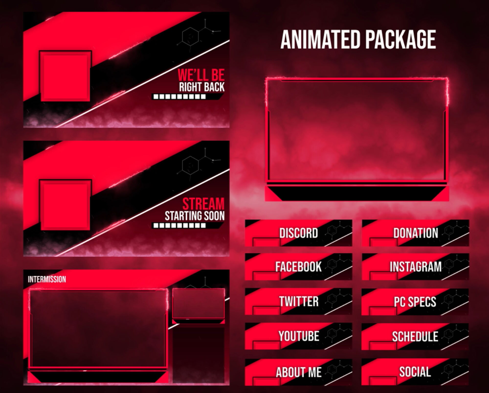 Twitch Overlays Animated Package, Ready to Use RED Electric Smoke ...