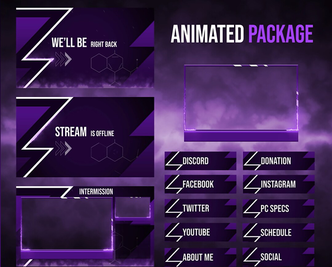 Twitch Overlays Animated Package, Ready to Use Purple Smoke Zig Zag ...