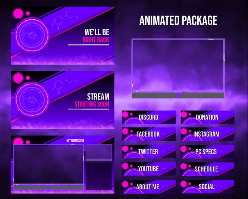 Twitch Overlays Animated Package, Ready to Use purple Smoke Simple ...