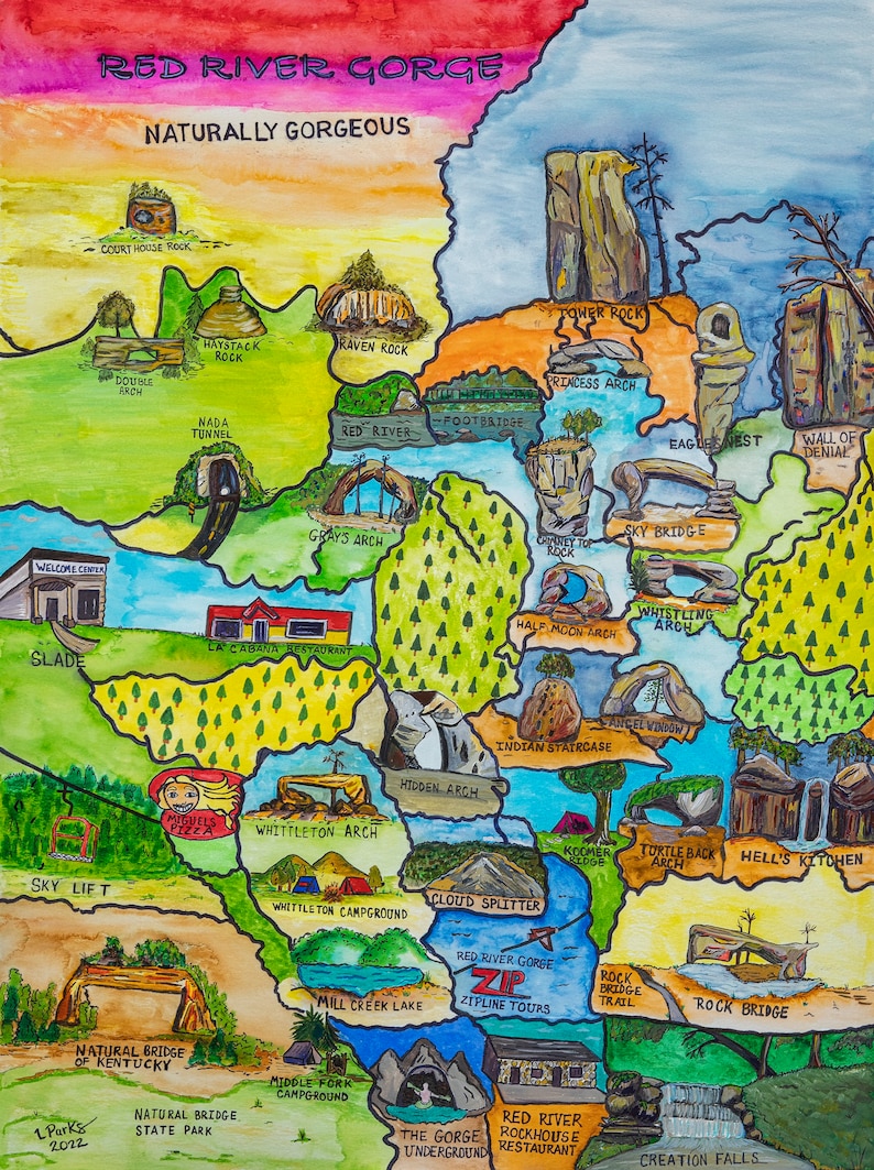 Red River Gorge Map Watercolor Print , Handpainted, Highlighting Hiking ...