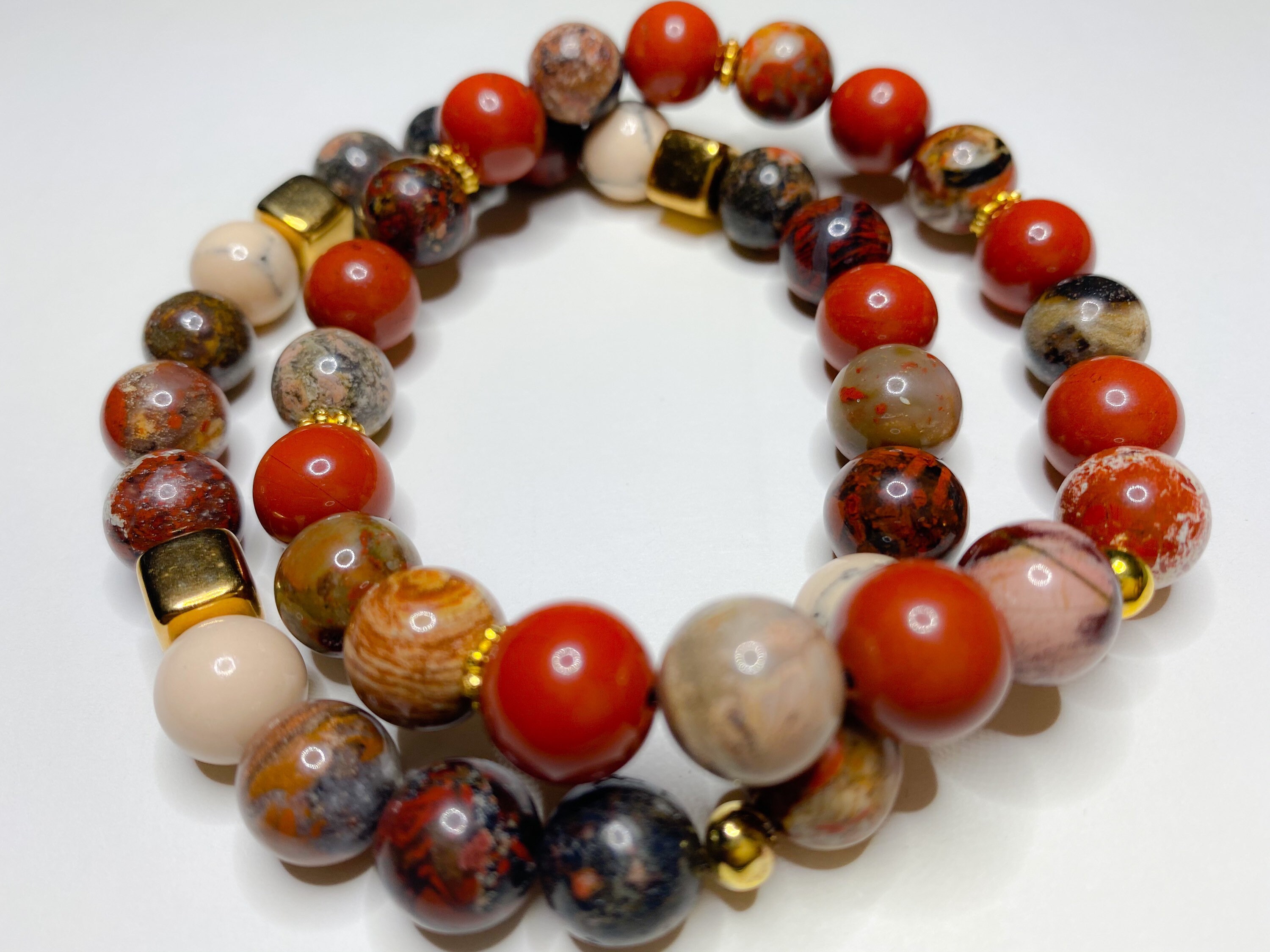 Red Flower Jasper and Natural Jasper Semi-precious Gemstone Bracelets ...