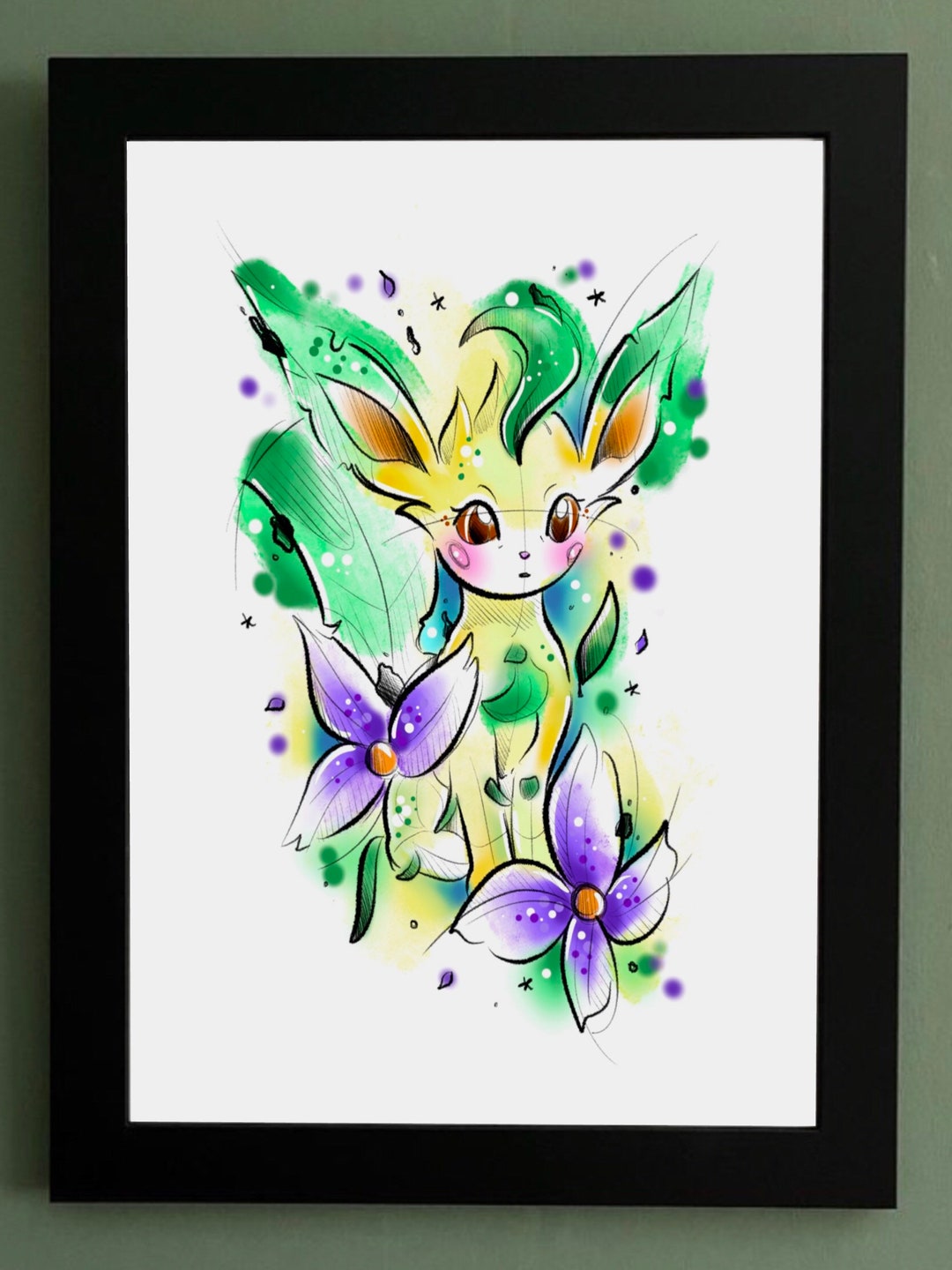 Cute Eeveelution Leafy Cat Gaming Room Art Print A3/A4 Gamers Nostalgia ...