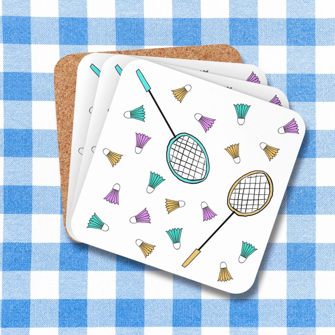Badminton Coaster Set: Hand-illustrated Cork Back Coasters, Hand-drawn ...