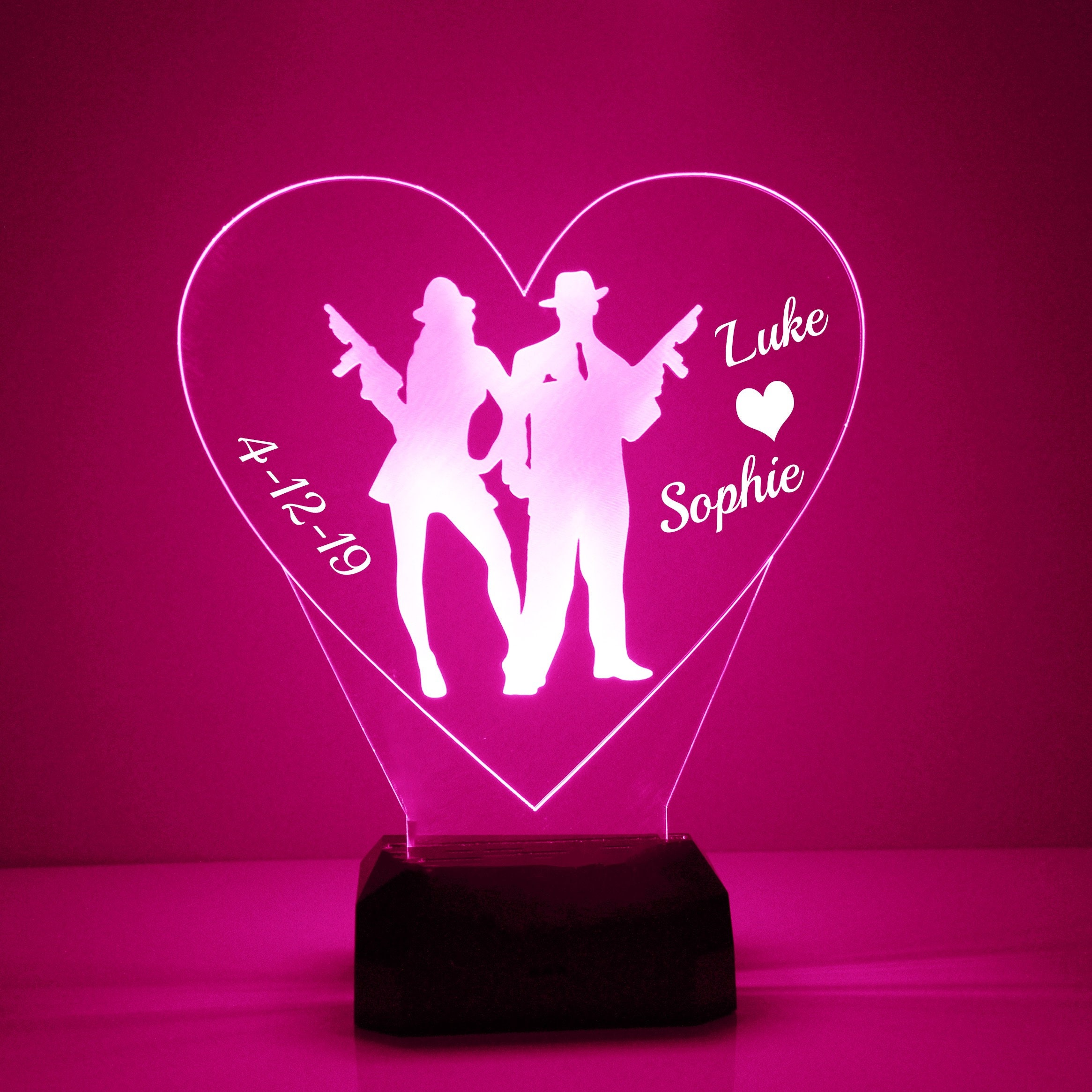 Bonnie & Clyde Love Heart, Personalized Free, LED Night Lamp, With ...