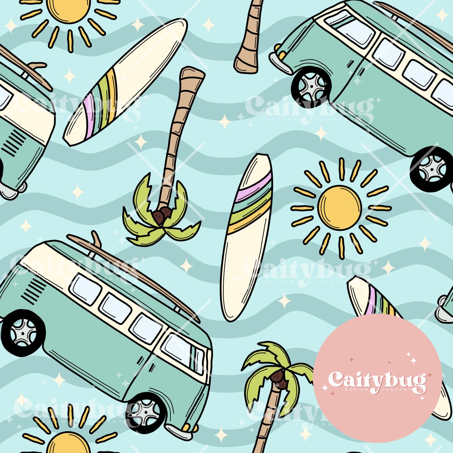 VW Bus Summer Roadtrip Seamless Pattern 300 DPI PNG Instant Download ...