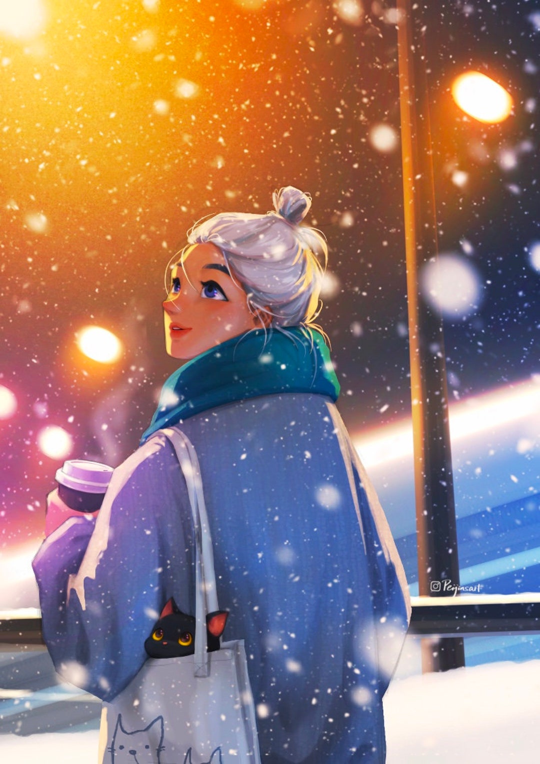 Snowy Night Art Print Soothing Art Cute Cat Life With Pet Serenity ...